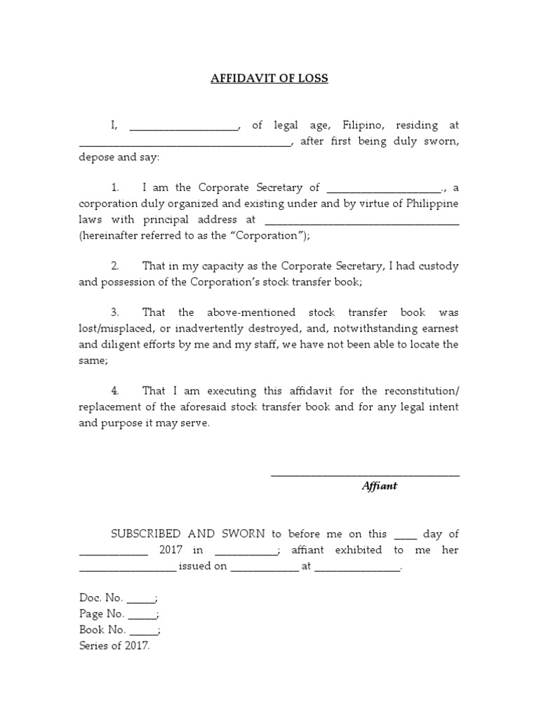 Sample Affidavit of Loss of Stock Transfer Book | PDF | Legal ...