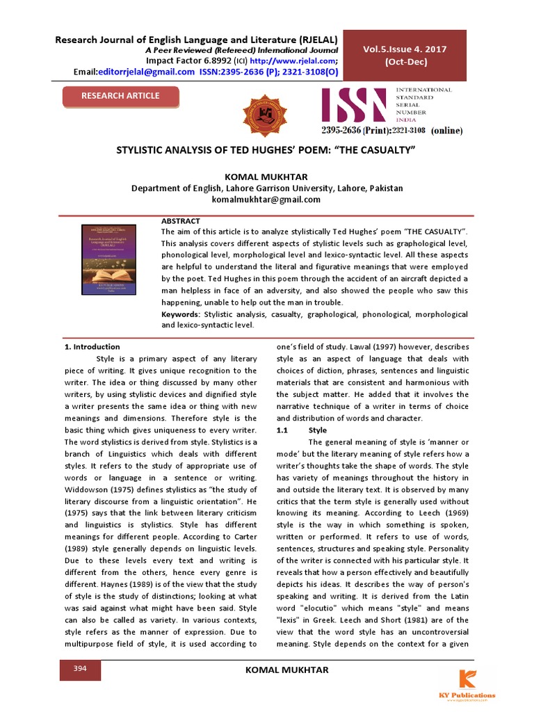 Stylistic Analysis of Ted Hughes' Poem: "The Casualty": Research ...