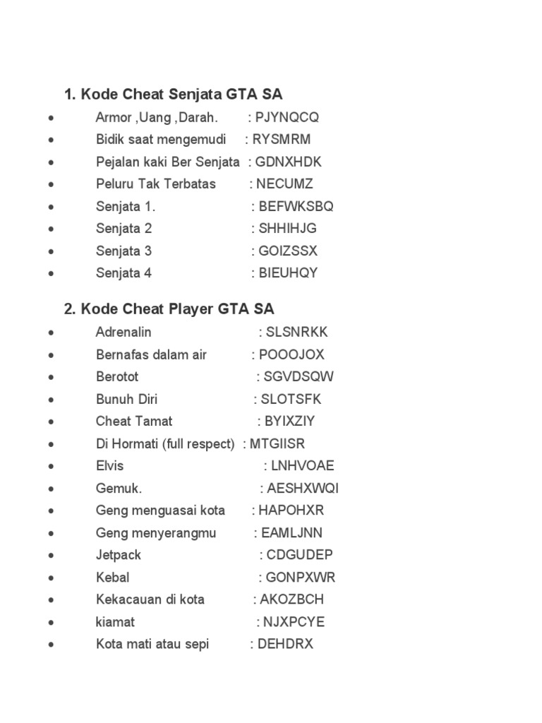Kode Cheat GTA San Andreas | PDF
