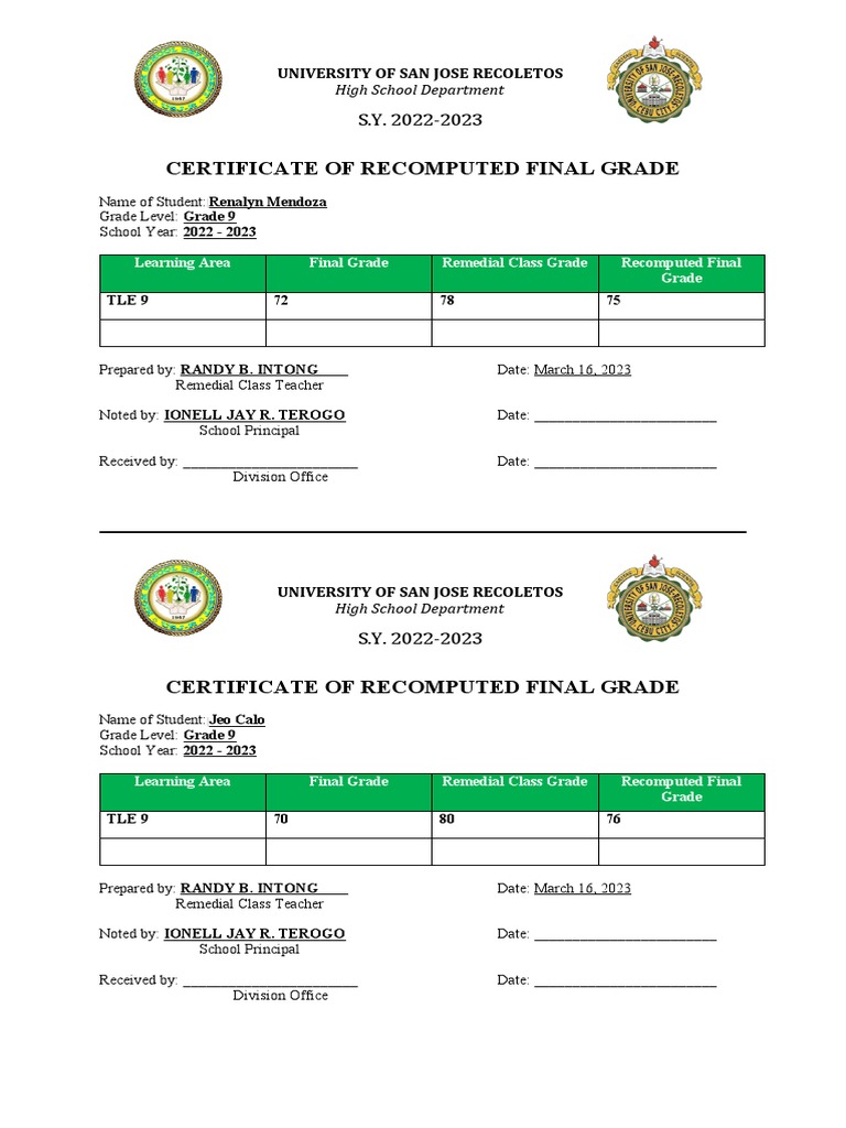 Certificate of Recomputed Final Grade | PDF