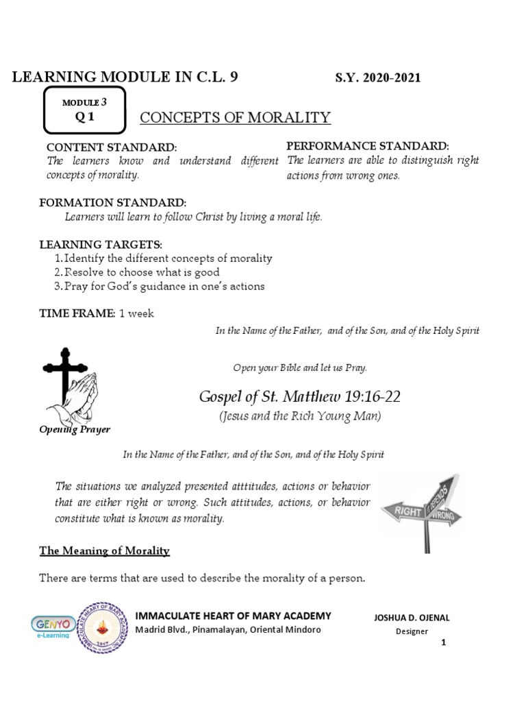 Concepts of Morality: Learning Module in C.L. 9 | PDF | God The Father ...