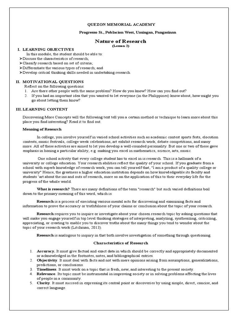 Lesson 2 Nature of Research | PDF | Cognition | Psychology