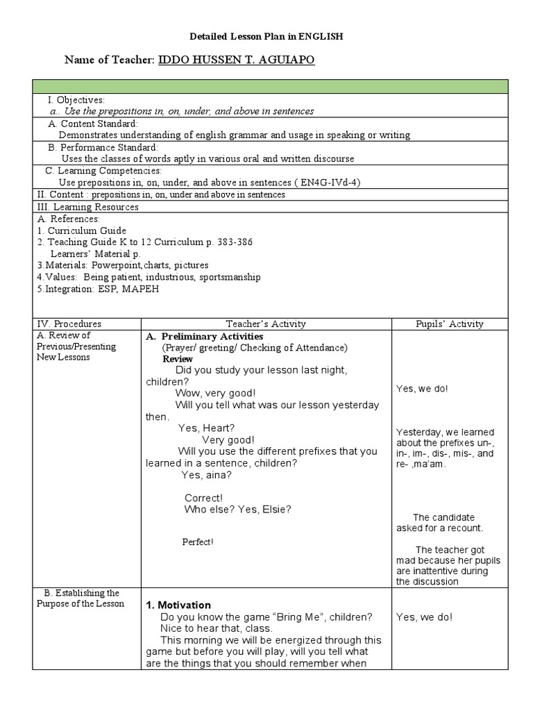 Detailed Lesson Plan in ENGLISH | PDF | Preposition And Postposition ...