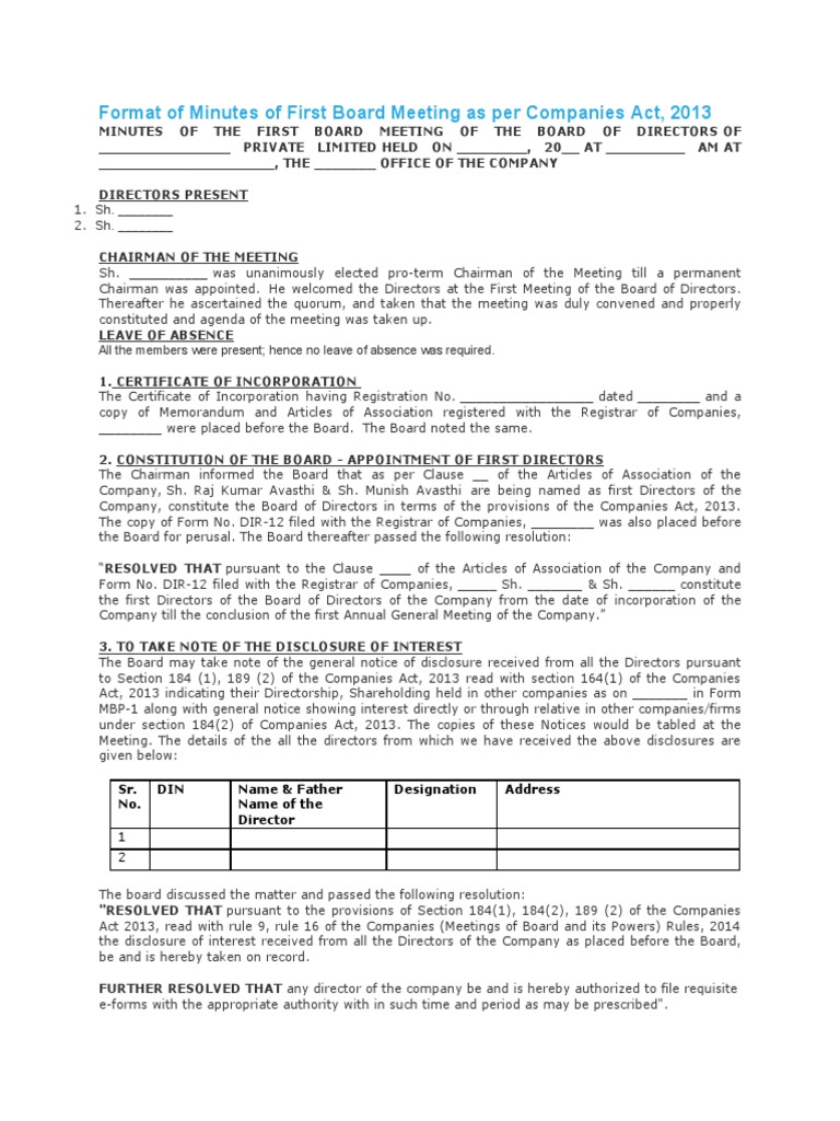 Format of Minutes of First Board Meeting As Per Companies Act | PDF ...