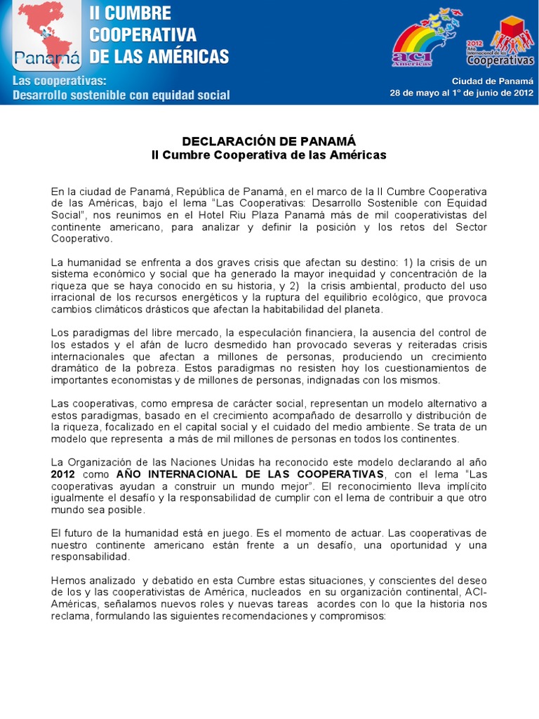 Declaracion de Panama | PDF | Cooperativa | Desarrollo sostenible