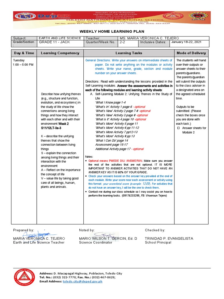 Weekly Home Learning Plan: Day & Time Learning Competency Learning ...