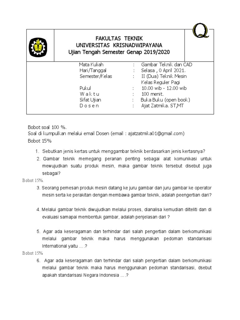 UTS Gambar Teknik N CAD Reg Pagi (Teknik Mesin Semester 2) | PDF