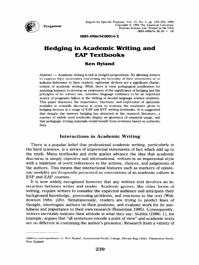 Hedging in Academic Writing and EAP Textbooks: Kennyland | PDF | Verb ...