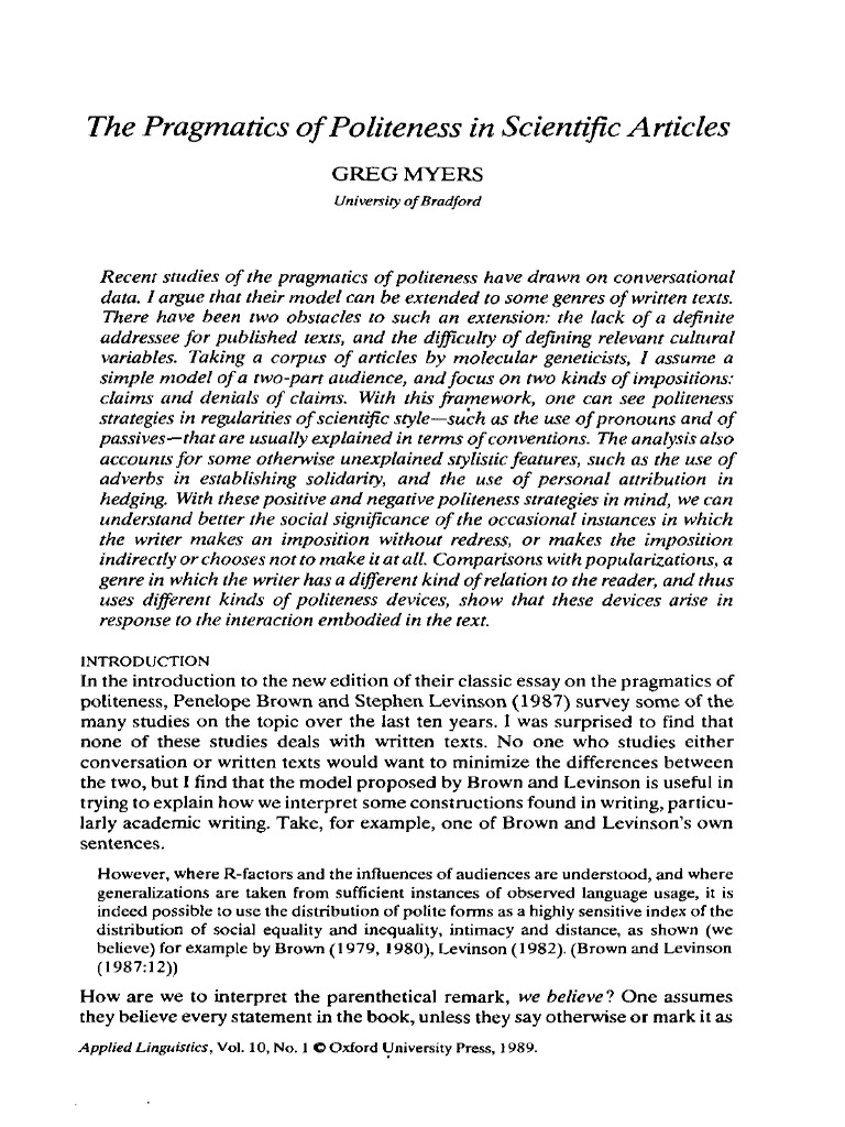 The Pragmatics of Politeness in Scientific Articles: Greg Myers | PDF ...