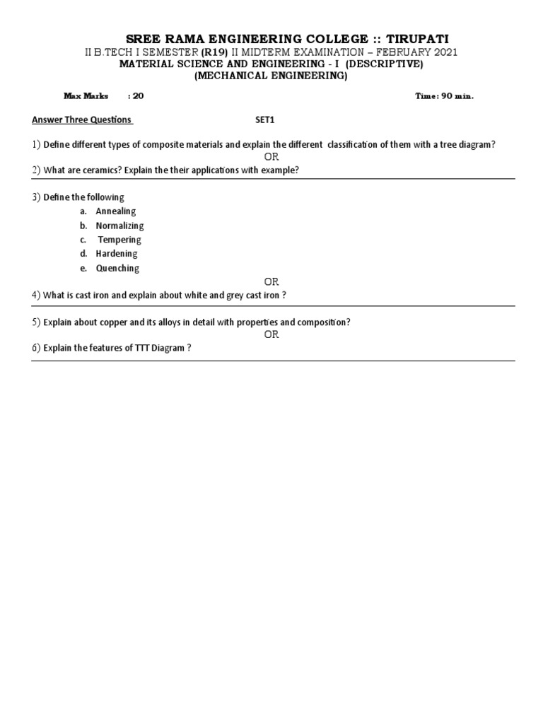 Material Science Engineering Mid Question Paper | PDF | Cast Iron ...