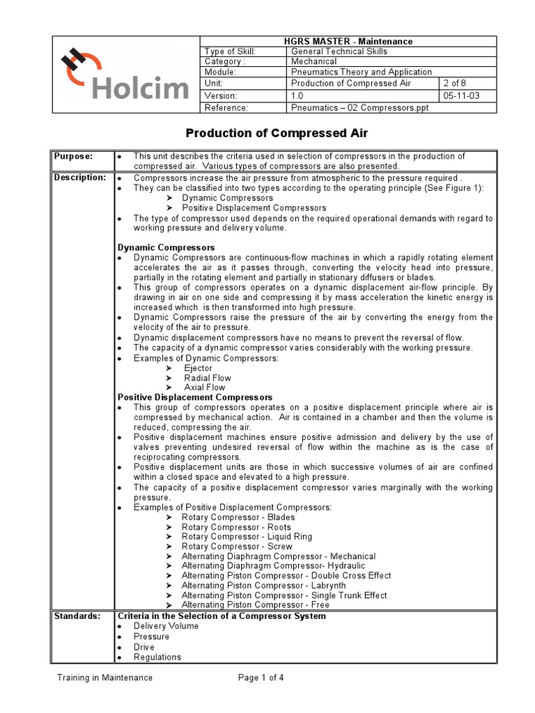 Selection and Operation of Compressors for Producing Compressed Air: A ...