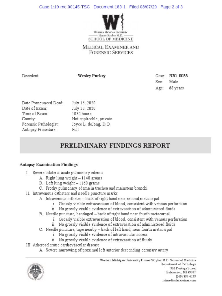Wesley Purkey Autopsy | PDF | Pathology | Intravenous Therapy