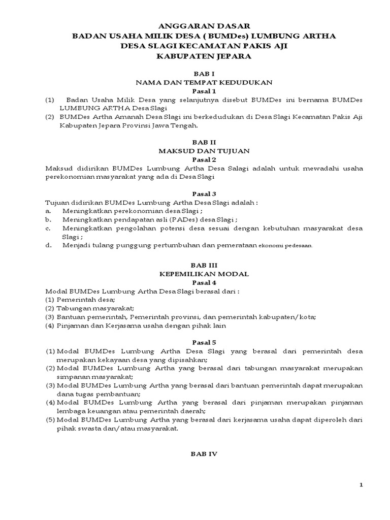 Anggaran Dasar Bumdes | PDF
