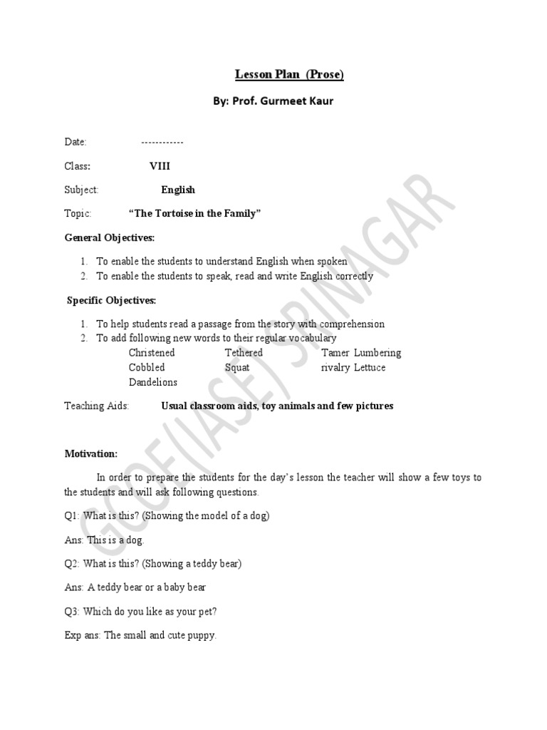 Lesson Plan (Prose) By: Prof. Gurmeet Kaur | PDF | Reading Comprehension | Teachers