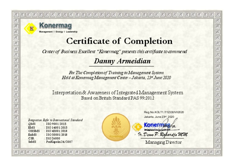 E-Certificate IMS PAS 99-2012 OLT 23 June 2020 - Danny Armeidian | PDF ...