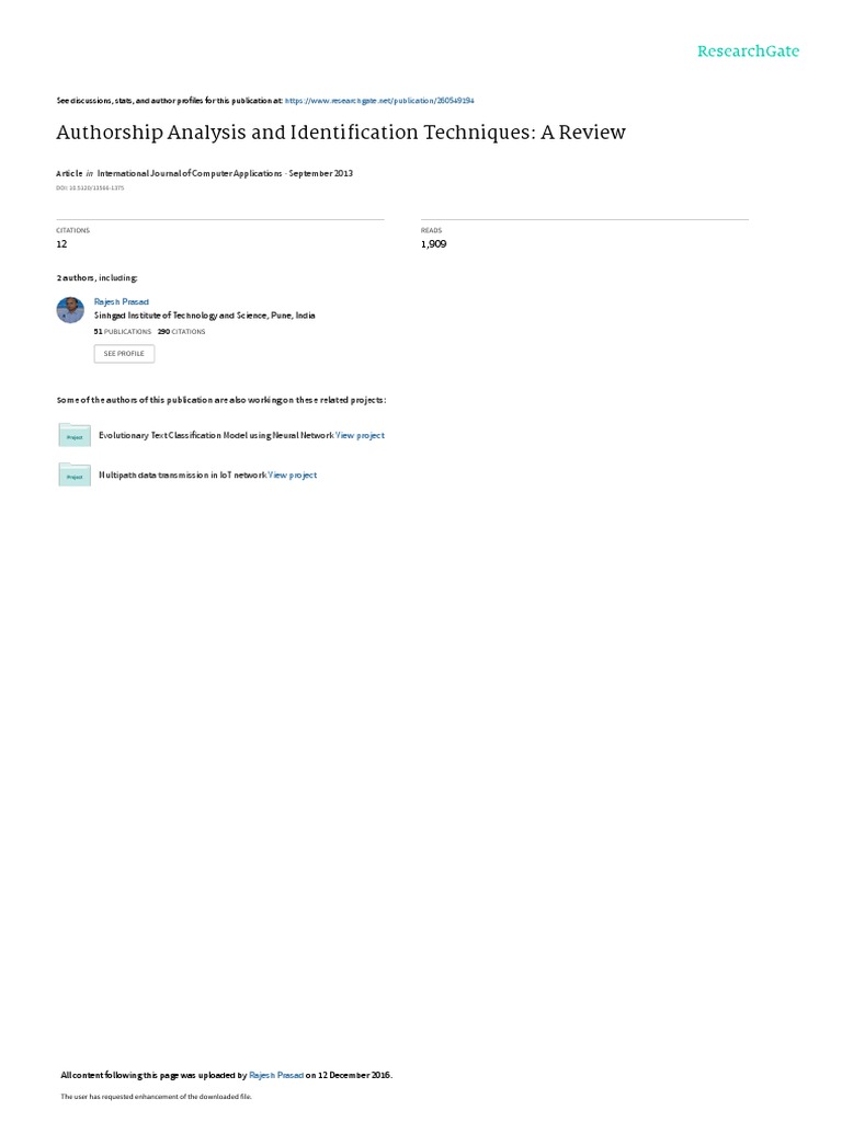 Authorship Analysis and Identification Techniques: A Review | PDF | Statistical Classification ...