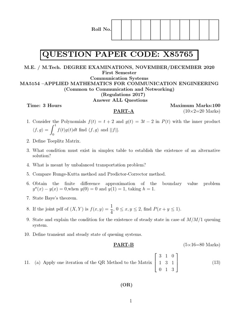 Question Paper Code: X85765: ×2 20 Marks) 2 in P (T) With The Inner Product F, G F (T) G (T) DT ...