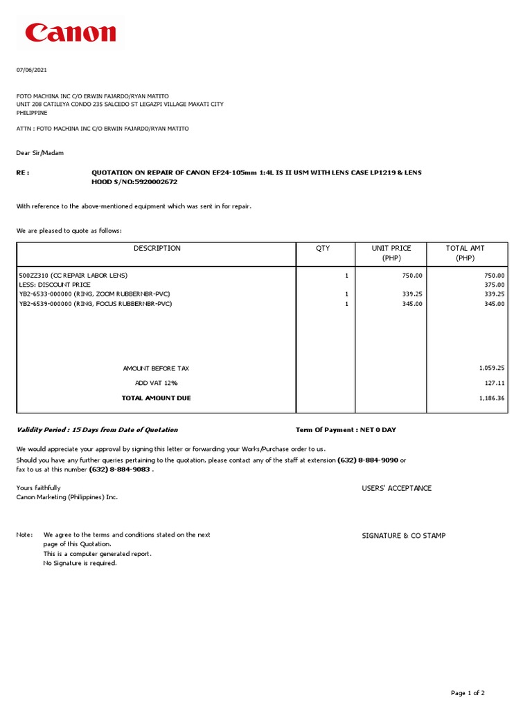Description QTY Unit Price (PHP) Total Amt (PHP) | PDF | Receipt | Fee