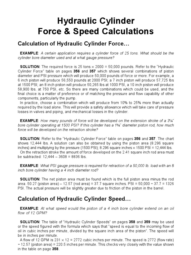 Hydraulic Cylinder Force & Speed Calculation | PDF | Cylinder (Engine ...