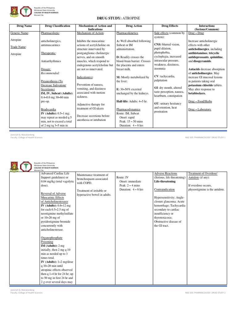 Drug Study: Atropine: Recommended | PDF | Adverse Effect | Pharmacology