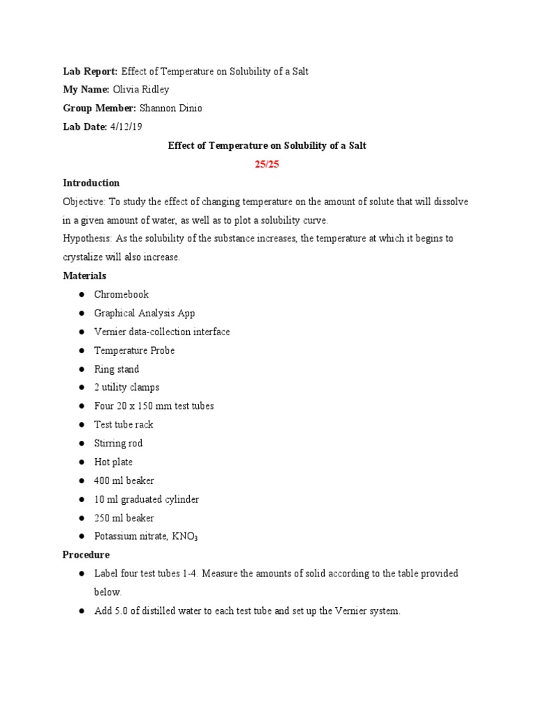 LAB REPORT - Effect of Temperature On Solubility of A Salt | PDF ...