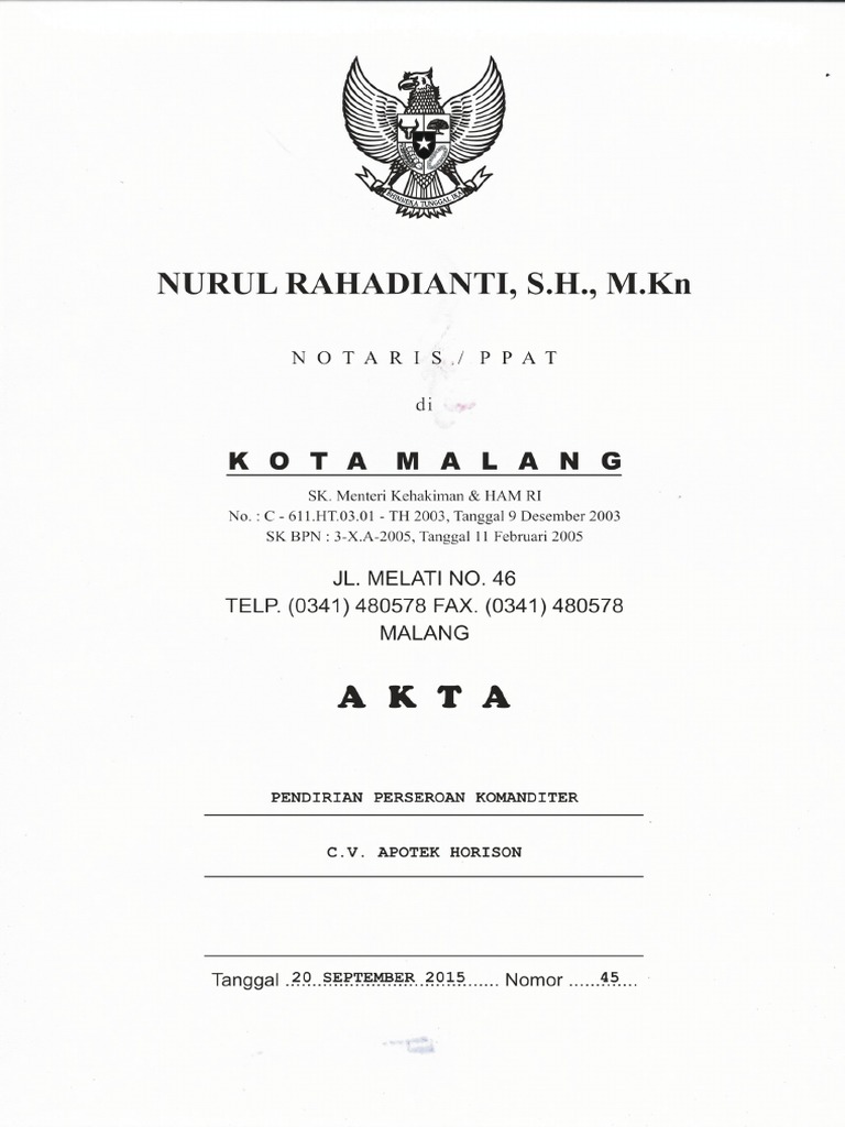 CV Apotek Horison Akta Pendirian | PDF