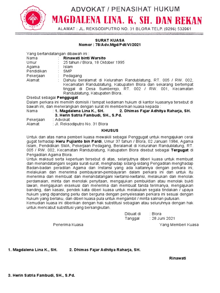 SURAT KUASA UNTUK PENGAJUAN PERCERAIAN | PDF