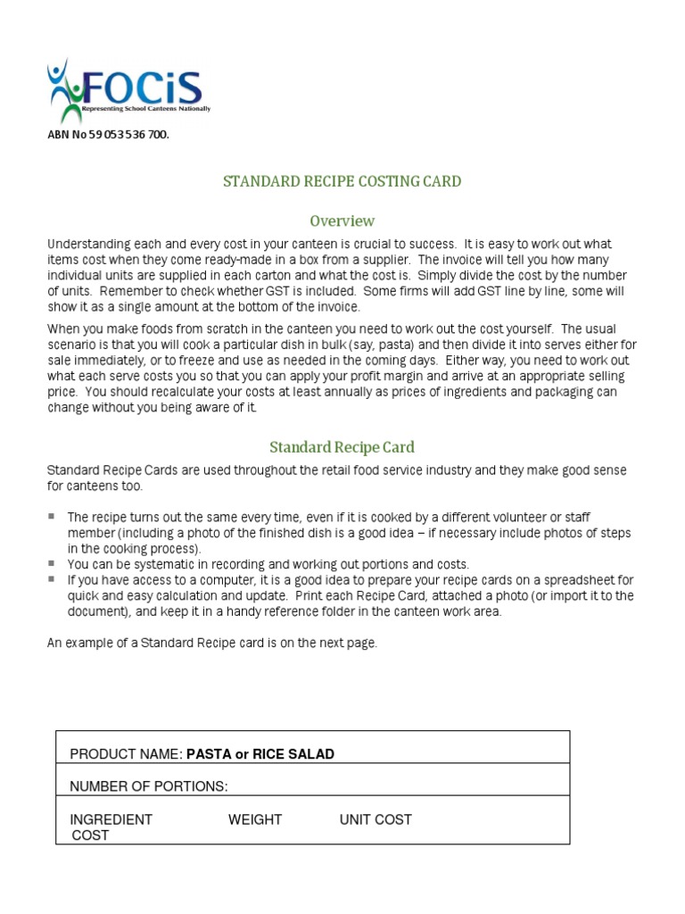 Standard Recipe Costing Card: ABN No 59 053 536 700 | Download Free PDF ...