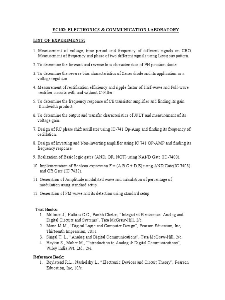 Ec102: Electronics & Communication Laboratory List of Experiments ...