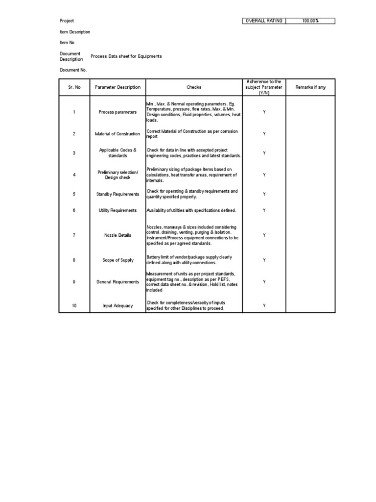 Equipment Process Data Sheet Overview | PDF | Heat | Specification ...