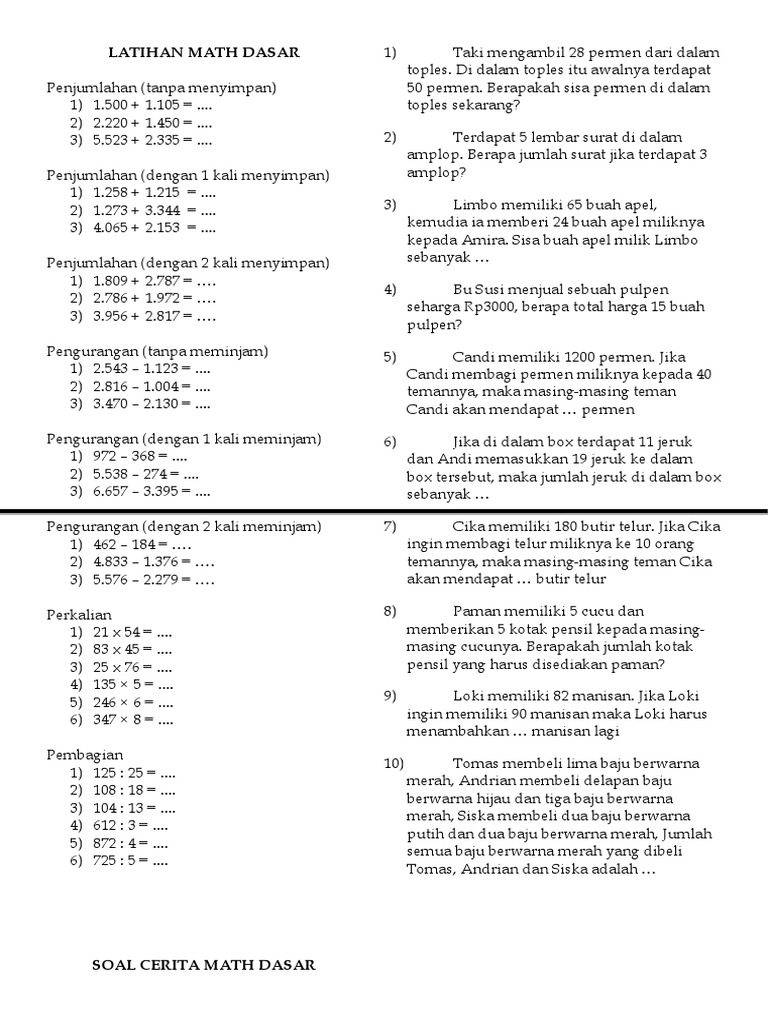Latihan Matematika Dasar untuk Anak | PDF