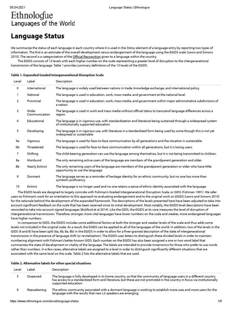 Language Status - Ethnologue | PDF | Cognition | Linguistics