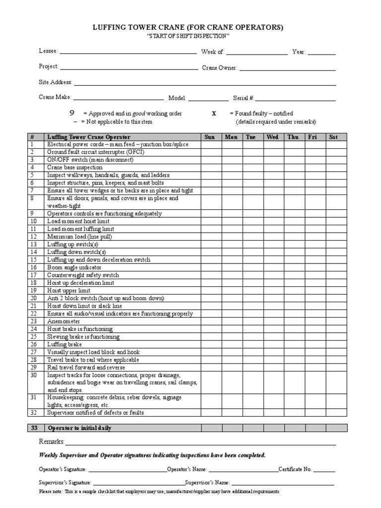Luffing Tower Crane Preshift Inspection Pdf Crane Machine Switch