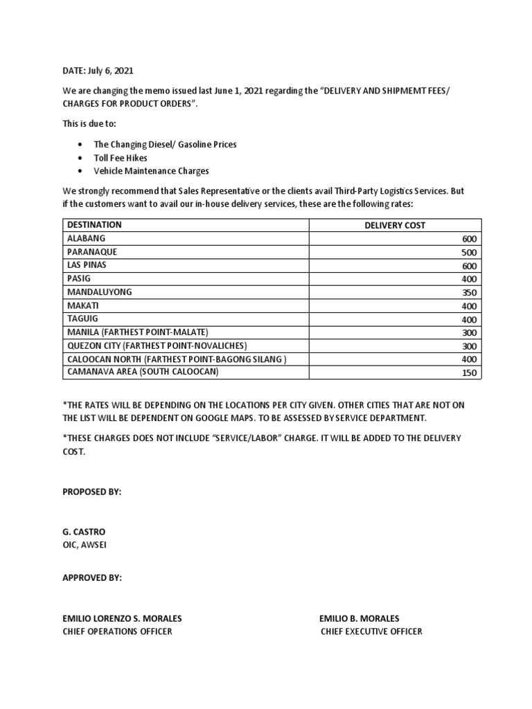 Updated Delivery and Charge Memo | PDF