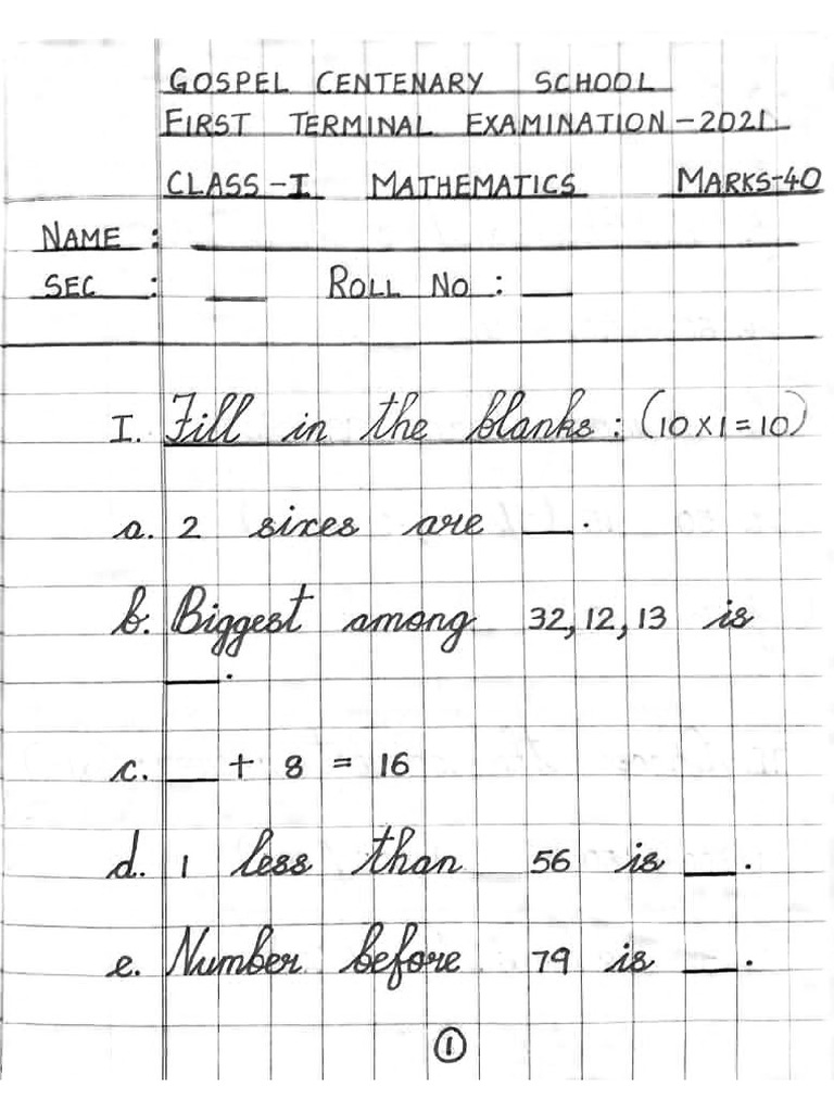Class - 1 Mathematics First Terminal Examination 2021 | PDF