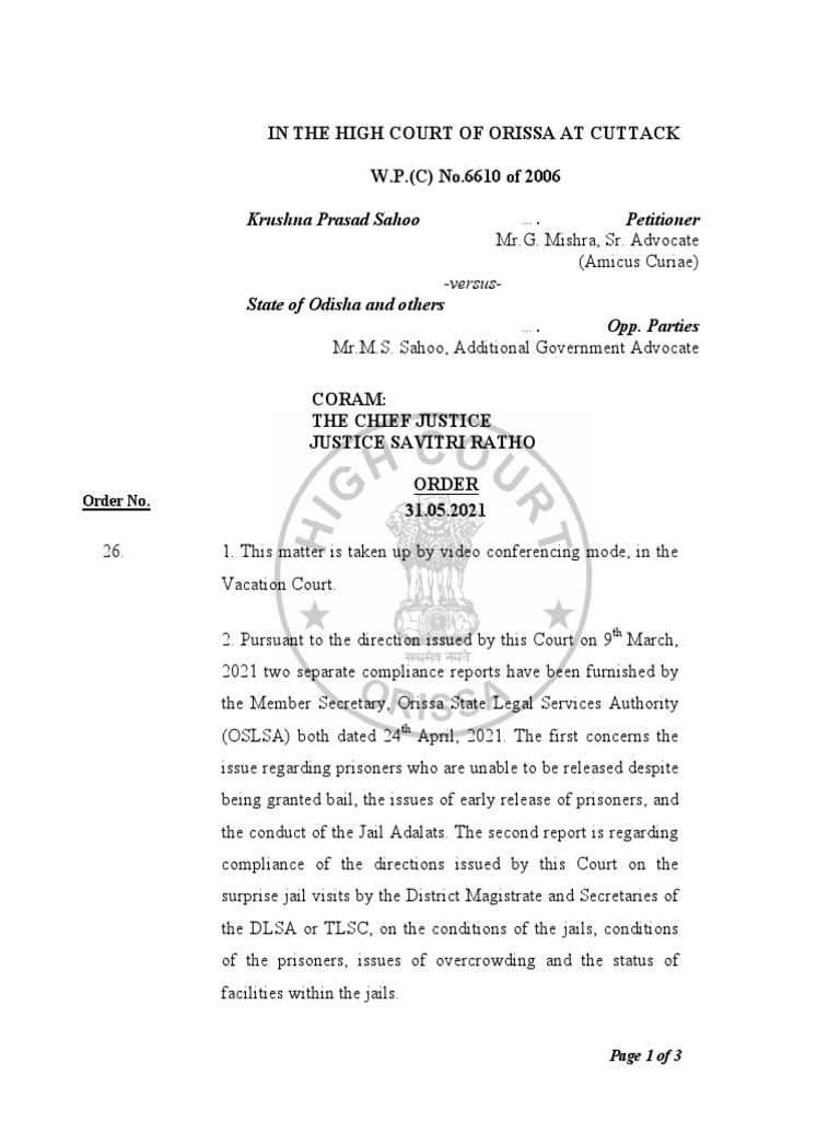 Krushna Prasad Sahoo v. State of Odisha and Others | PDF | Prison ...