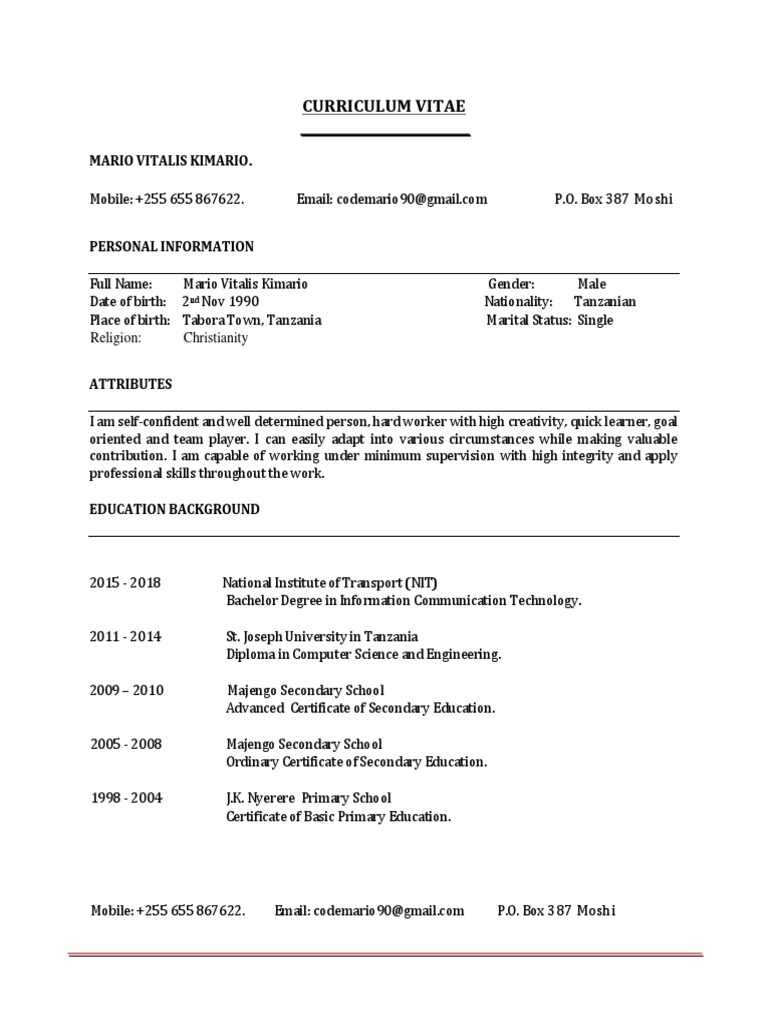 Curriculum Vitae: - 387 Moshi | Download Free PDF | Tanzania | System ...
