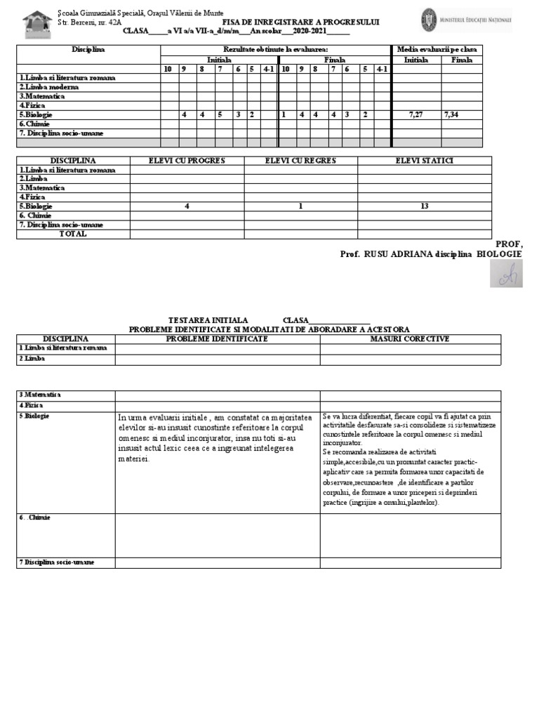 ANGI Fisa Inregistrare Progres Gimnaziu | PDF