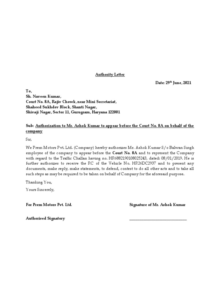 Authority Letter - Ashok Kumar | PDF