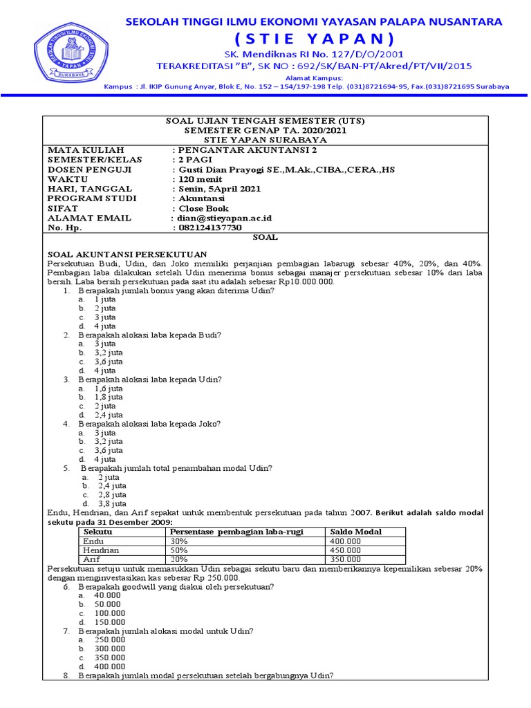 Format Soal Uts Pengantar Akuntansi 2 | PDF