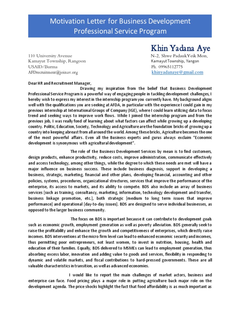 Motivation Letter For Business Development Professional Service Program ...