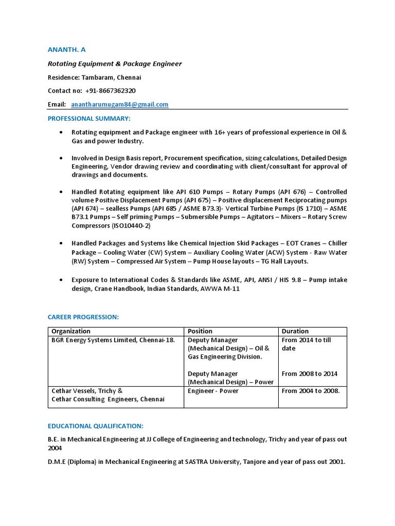 Rotating Equipment & Package Engineer: Ananth. A | PDF | Pump | Energy ...