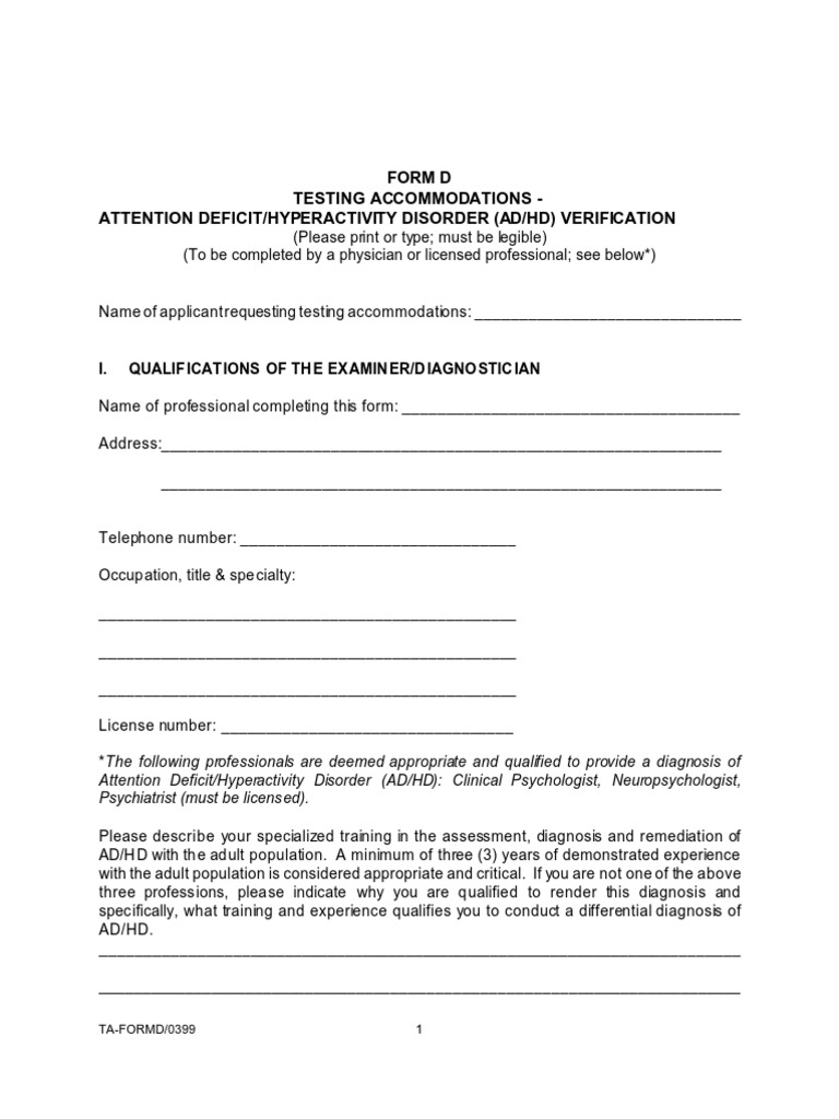 Form D Testing Accommodations - Attention Deficit/Hyperactivity ...