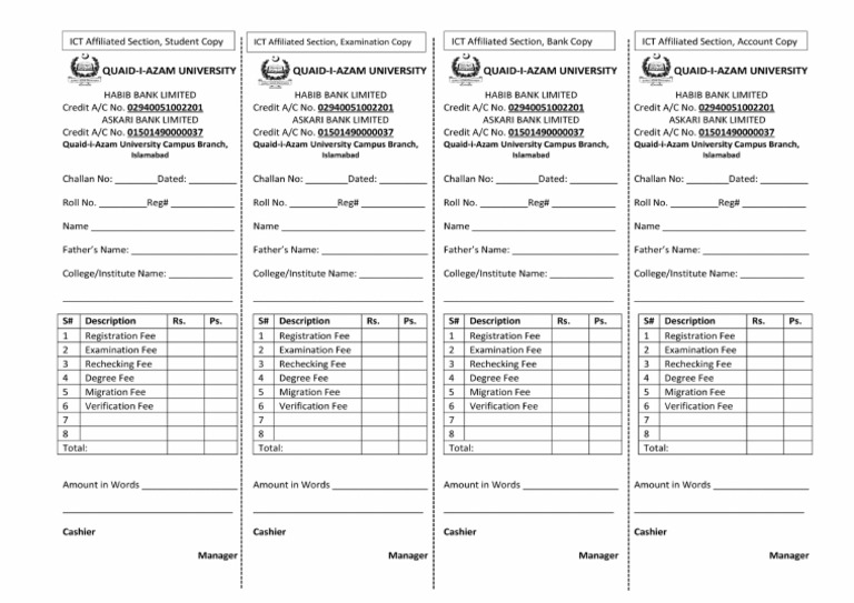QAU Bank Challan Form | PDF