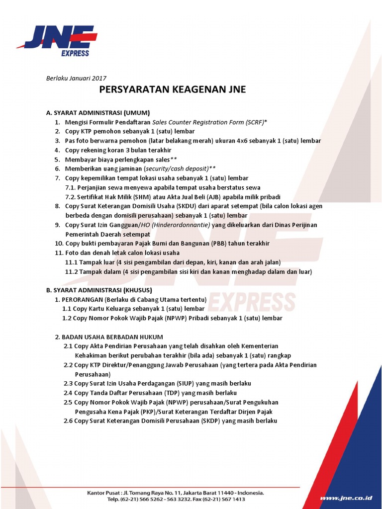 Persyaratan Keagenan Jne | PDF