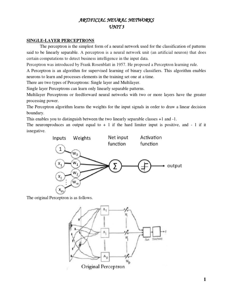 Artificial Neural Networks Unit 3: Single-Layer Perceptrons | PDF | Statistical Classification ...