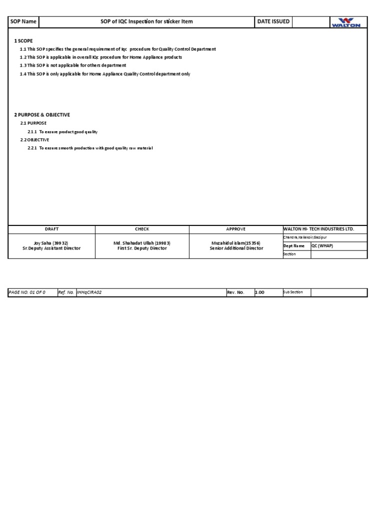 SOP for IQC Inspection of Sticker Items | PDF | Sheet Metal | Printed ...