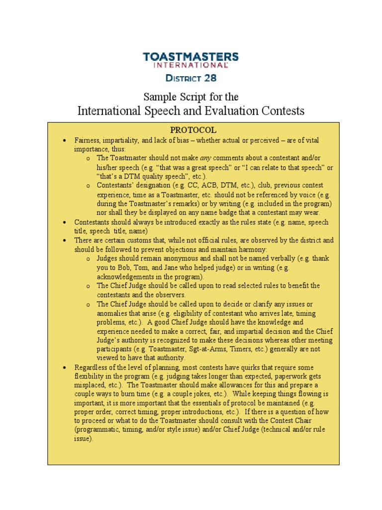 Sample Script For International Speech and Evaluation Contests | PDF