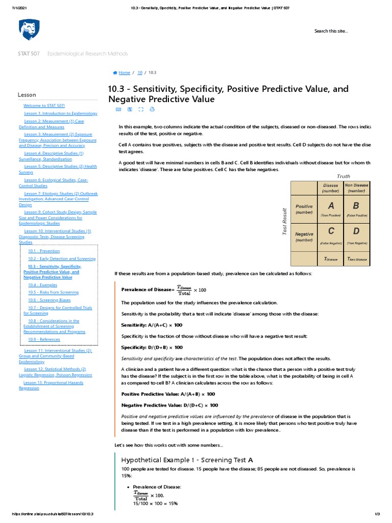 10.3 - Sensitivity, Specificity, Positive Predictive Value, and ...