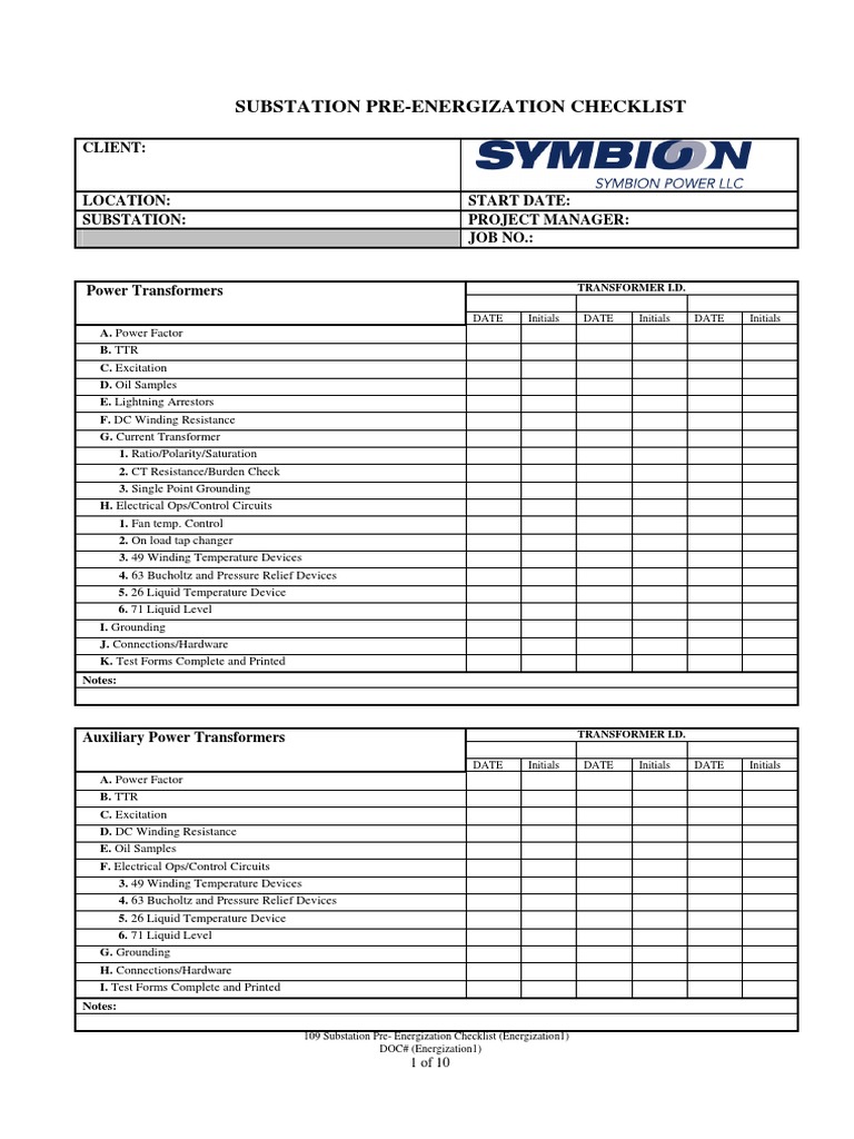 109 Substation Pre Energization Checklist Energization1 | PDF ...